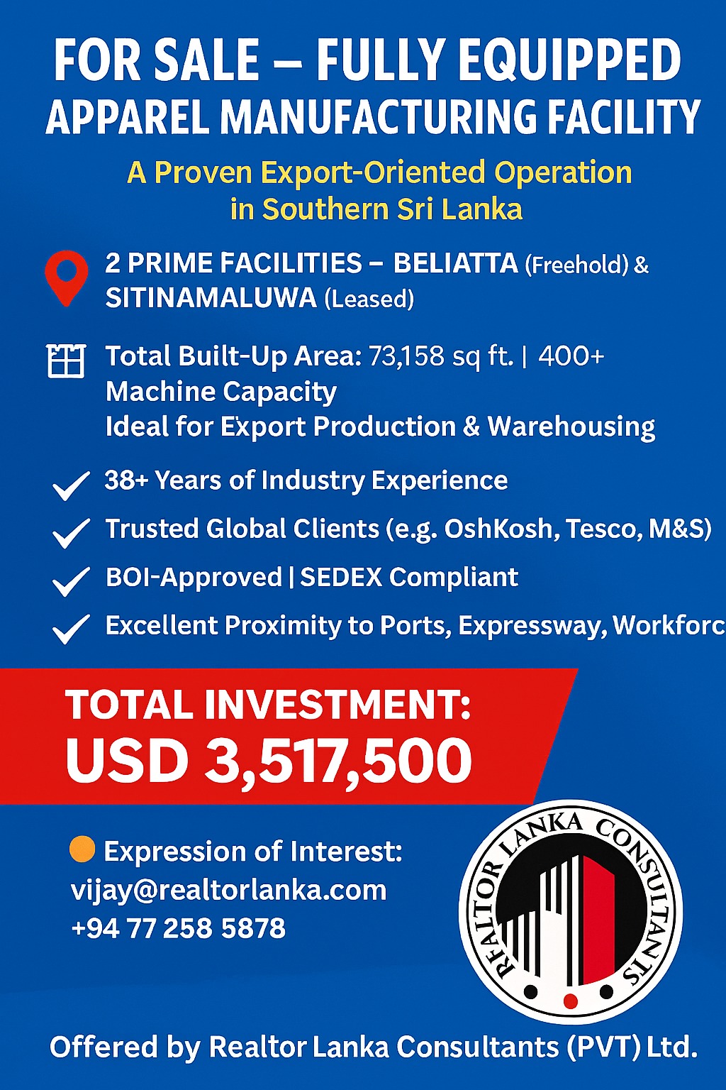 FOR SALE - FULLY EQUIPPED APPAREL MANUFACTURING FACILITY - eLankaProperty